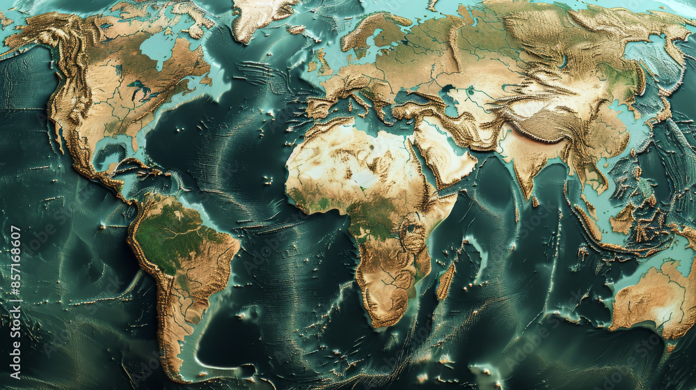 A detailed relief map of the world, characterized by vibrant colors and ...