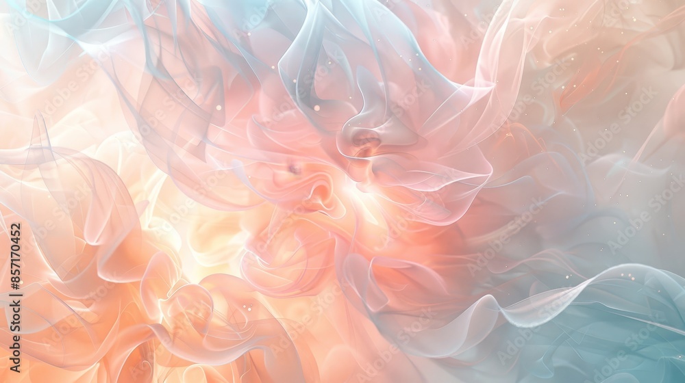 Pale peach and sky blue background with ribbon textures and light glows ...