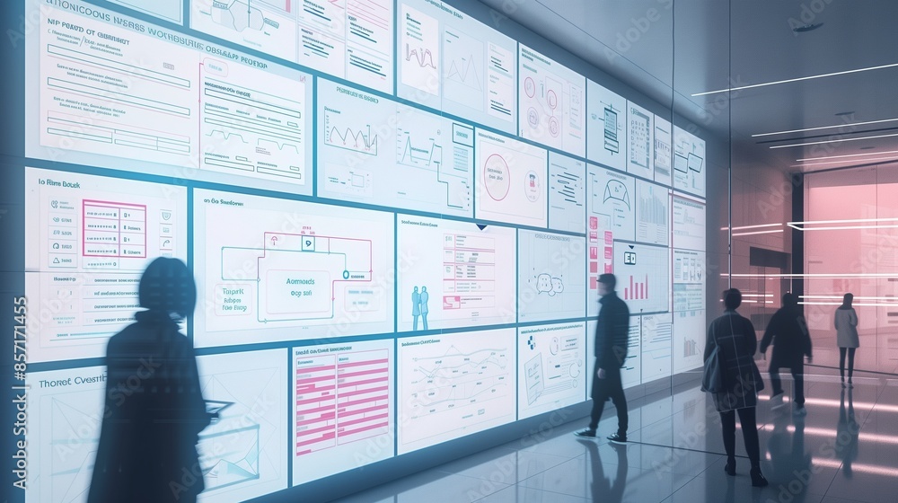 A high-tech office environment with a large digital whiteboard ...