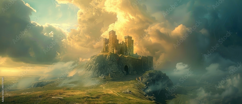 8K UHD background of a historic castle on a hill, with dramatic clouds ...