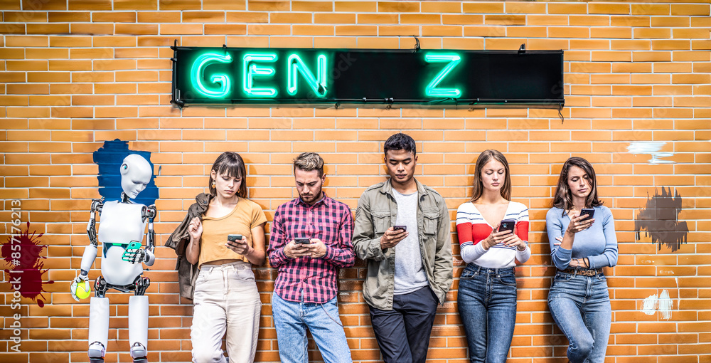 Generation Z standing against a brick wall with smartphones and a ...