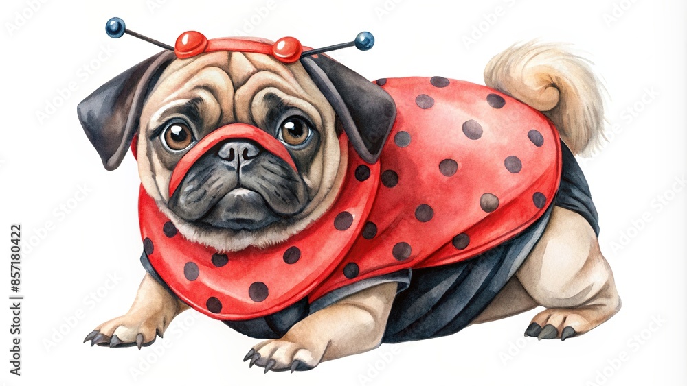 Cute black pug dressed as ladybug in watercolor style clipart, dog, pug ...