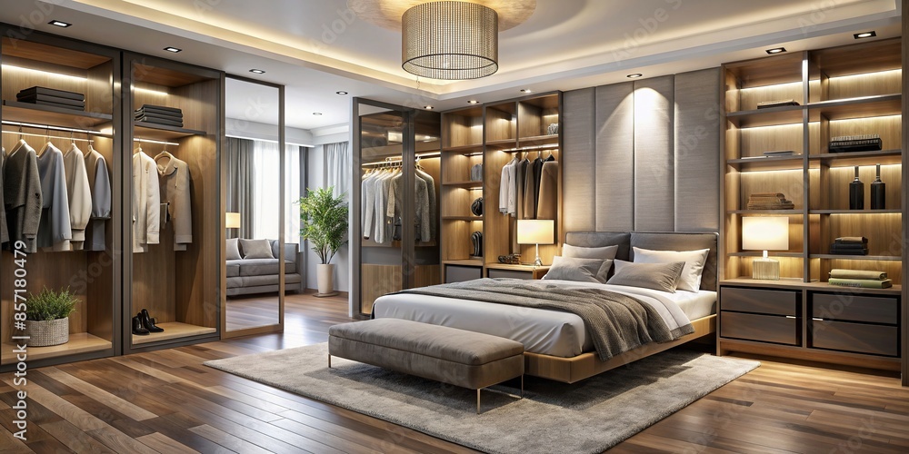 Modern bedroom with walk-in closet and ensuite bathroom, modern ...