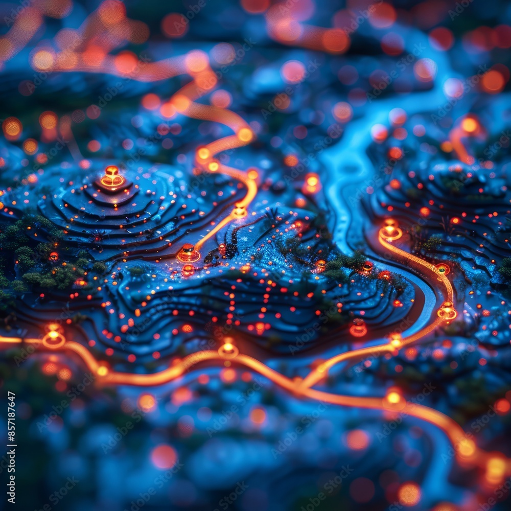 A simplified route map with bright lines indicating major ...