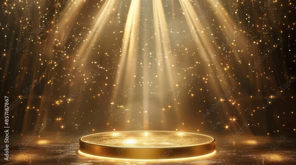 golden podium illuminated by spotlights award ceremony stage with rays ...