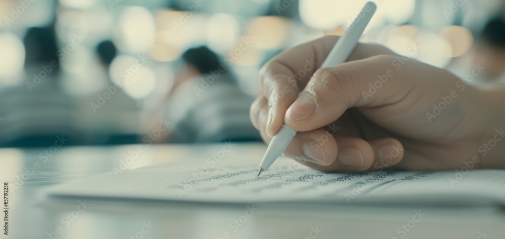 This image captures the hand of an Asian student, writing and taking an ...