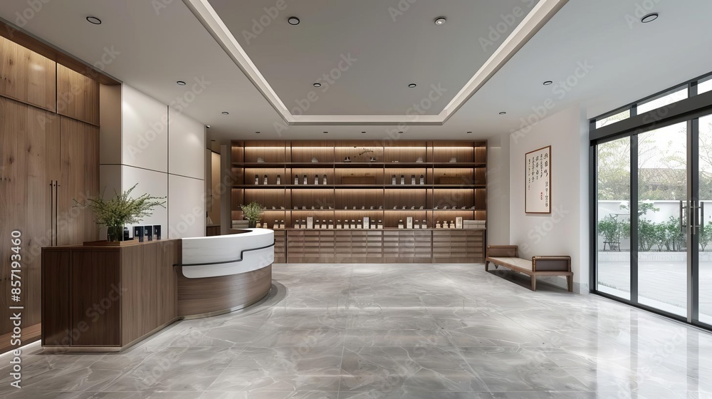 Modern minimalist lobby with wooden reception desk and shelves, tiled ...