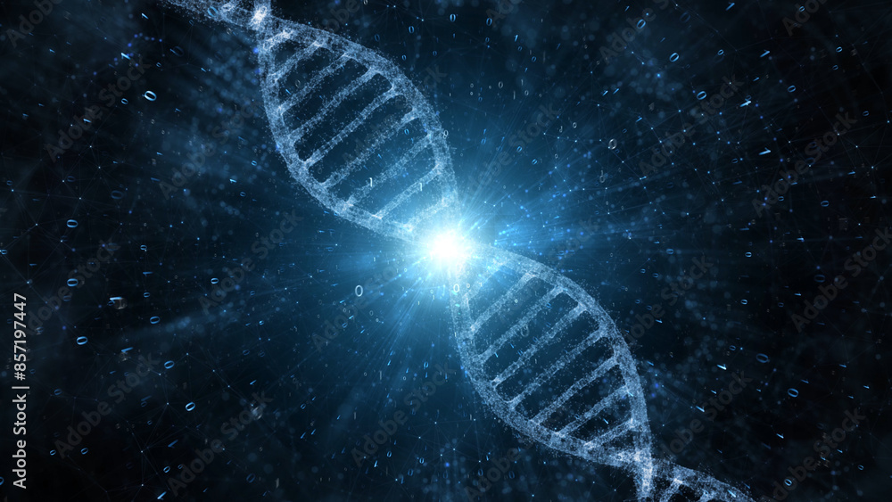 Abstract blue colored shiny dna molecule on futuristic digital data ...