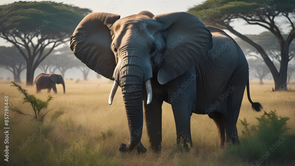 A majestic African elephant stands close up in grasslands of the ...
