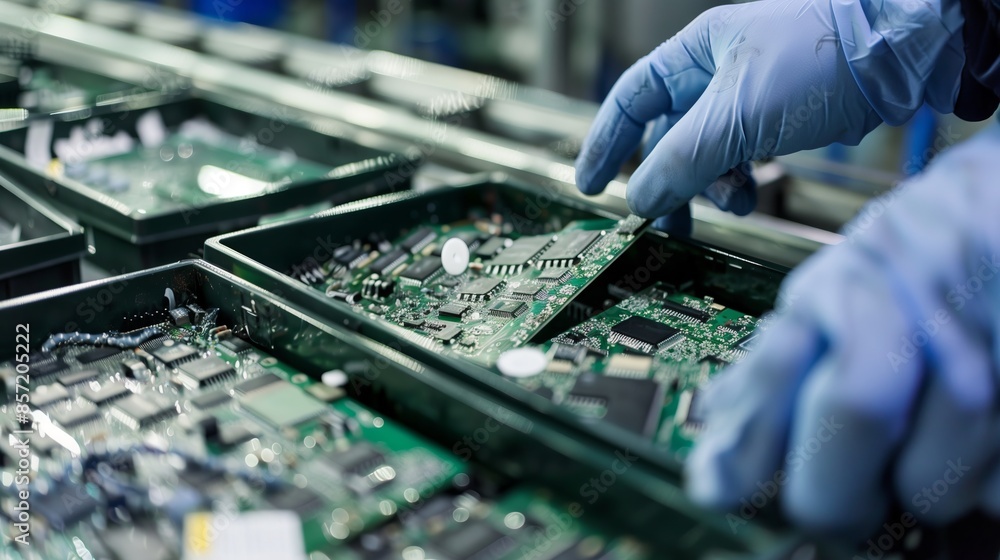 Gloved hands sort detailed circuit boards into bins by type and ...