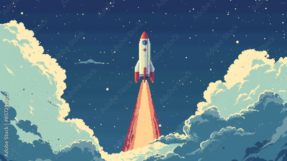 2d pixel art of rocket lunch to the space, universe, star, 16 bits, 32 ...