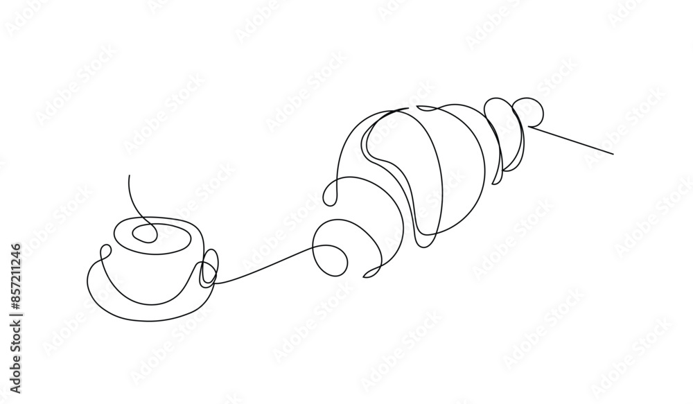 Breakfast one line drawing. Coffee with cake continuous outline. Pastry ...