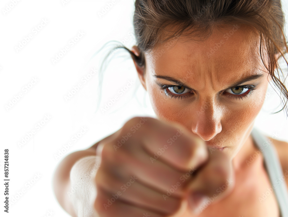 Mulher dando um soco, com fundo branco, ideal para uso editorial no ...