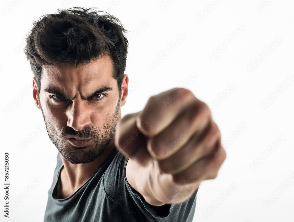 Homem dando um soco, fundo branco para uso editorial no contexto de ...