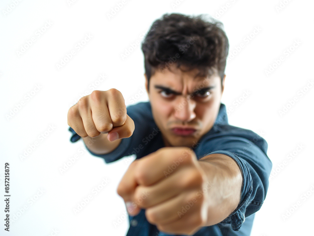 Homem dando um soco, fundo branco para uso editorial no contexto de ...