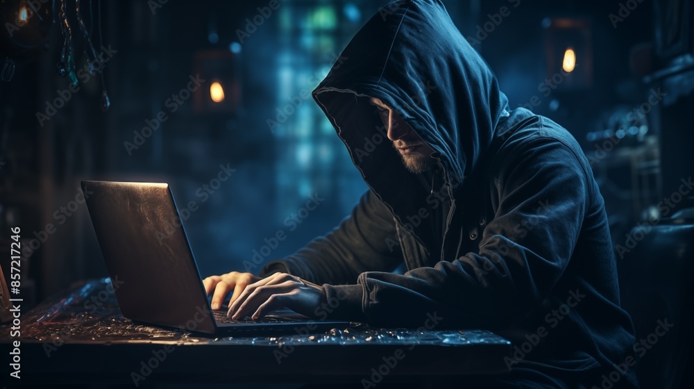 Hooded computer hacker typing code with intense focus on monitor Stock ...
