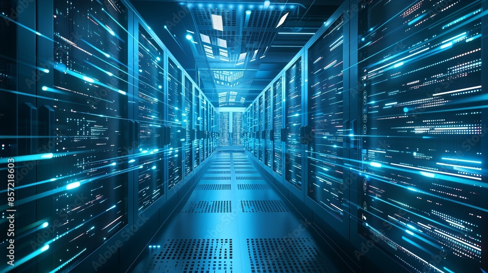 Data center with multiple server racks glowing blue light tokenization ...