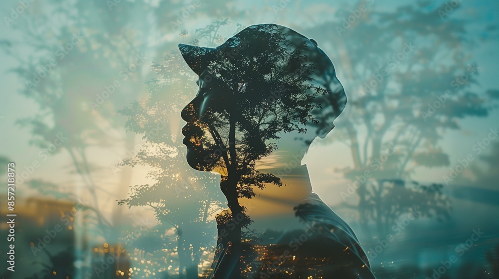 Silhouette person with tree growing inside head sun setting in ...