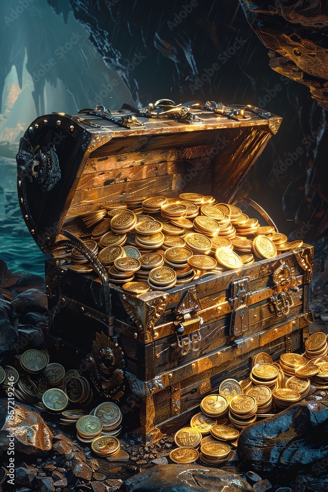 Piles of gold and silver coins in a pirates treasure chest, dark cave ...