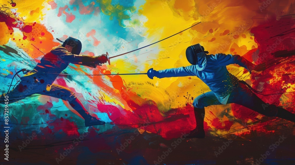 Generate a dramatic scene of a fencing duel in action Highlight the ...
