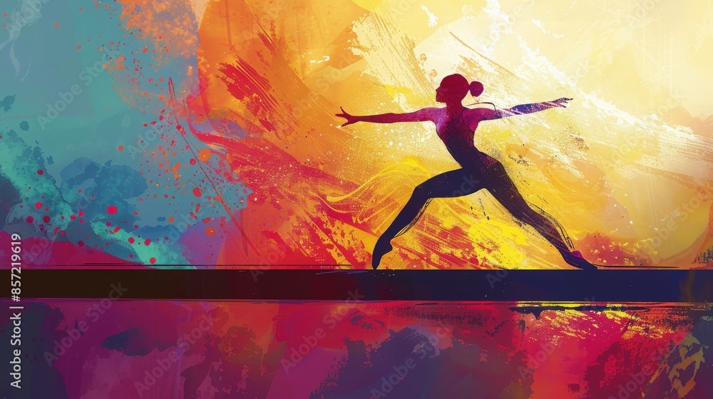 Illustrate a Gymnasts graceful movements on a balance beam with a vivid ...