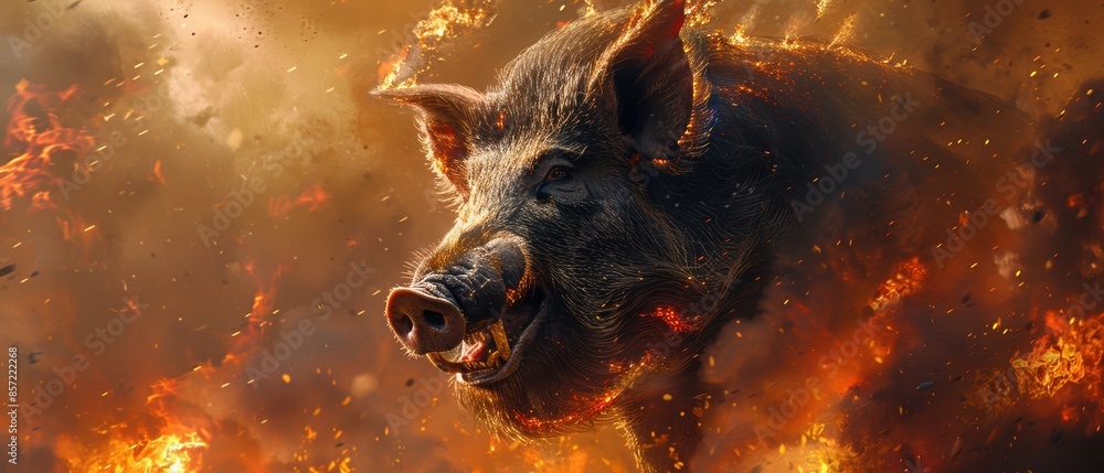 A wild boar roaring amidst fiery explosions, symbolizing aggressive ...