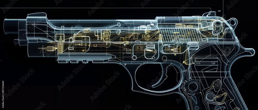 Detailed AutoCAD Diagram of Gun Mechanism on Black Background for ...