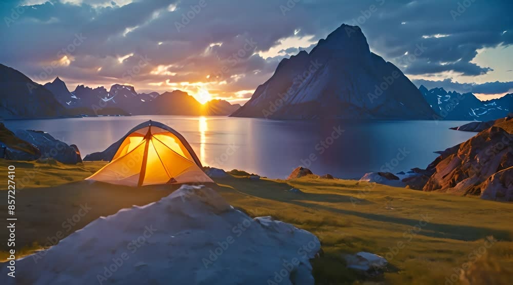 wild camping in the lofoten islands. camping tent among mountains ...