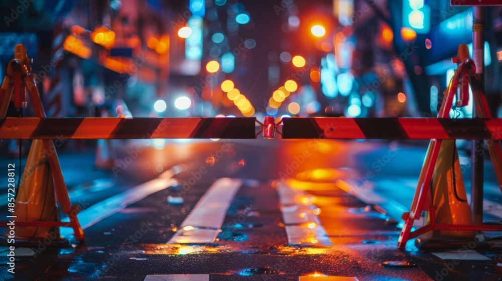 Nighttime Police Barricade with Flashing Lights Blocking Street for ...