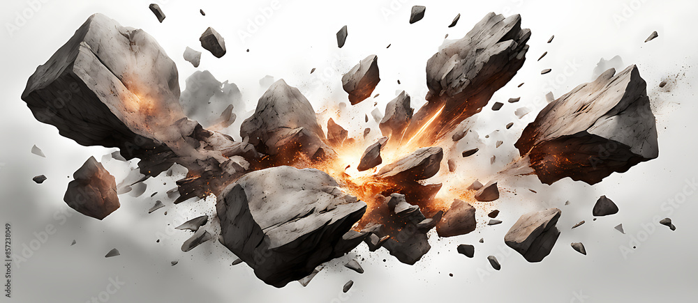 Rock stone white background fall black falling space isolated splash ...