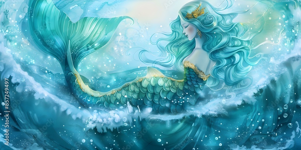 ภาพประกอบสต็อก Watercolor painting of a siren luring sailors with ...