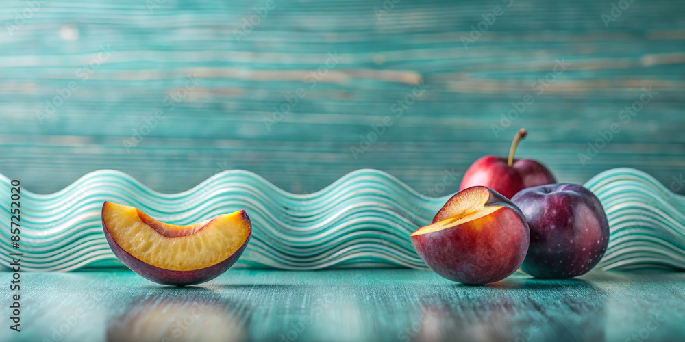 The juicy inside of a nicely sliced plum is visible above a reflective ...