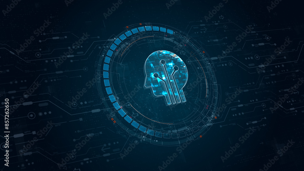 Blue digital robot head logo and circle futuristic HUD with Ai chatbot ...