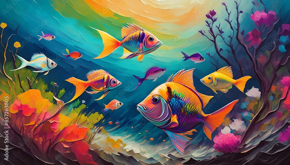 Acrylic Drawing. Deep Sea Landscape with Flock of Colorful Iridescent ...