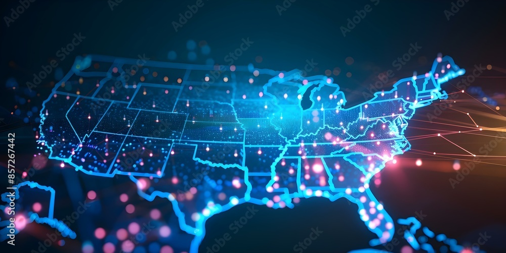 US digital map with data points and graphs showing economic activity ...