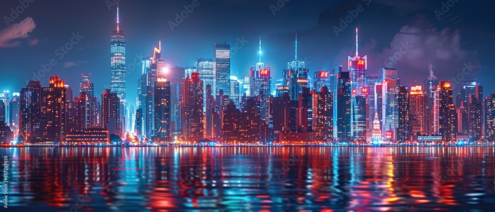 Detailed 8K background of a bustling cityscape at night, with ...