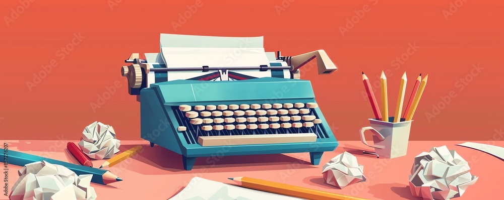 Flat design scene of a writer s workspace with crumpled paper balls ...