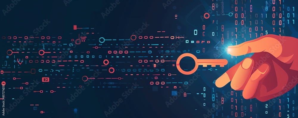 Side view flat design of a hand holding a key surrounded by binary code ...
