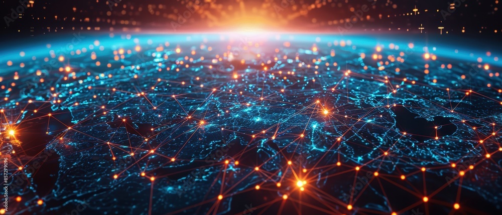 Digital Earth featuring illuminated network lines on a data matrix ...