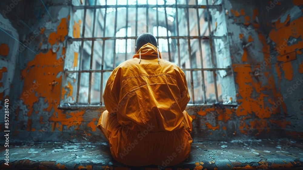 A prisoner dressed in orange is sitting and gazing through the rusty ...