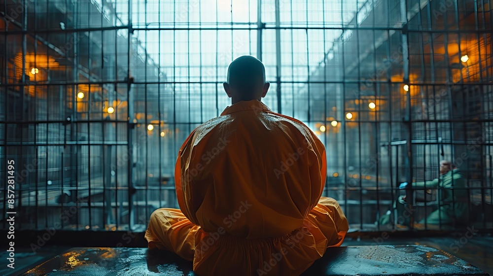 An individual in orange prison clothes is seated and looking through ...