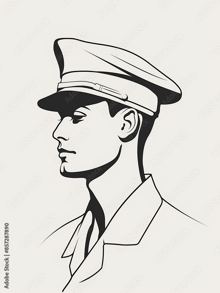 Logo design, simple line art of a cadet, white background, black lines ...