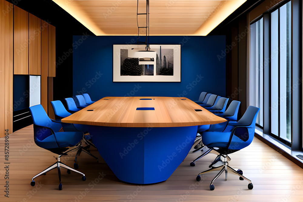 A sleek and sophisticated conference table takes center stage. The ...