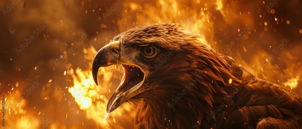 Eagle screeching with flames exploding in the backdrop, representing ...