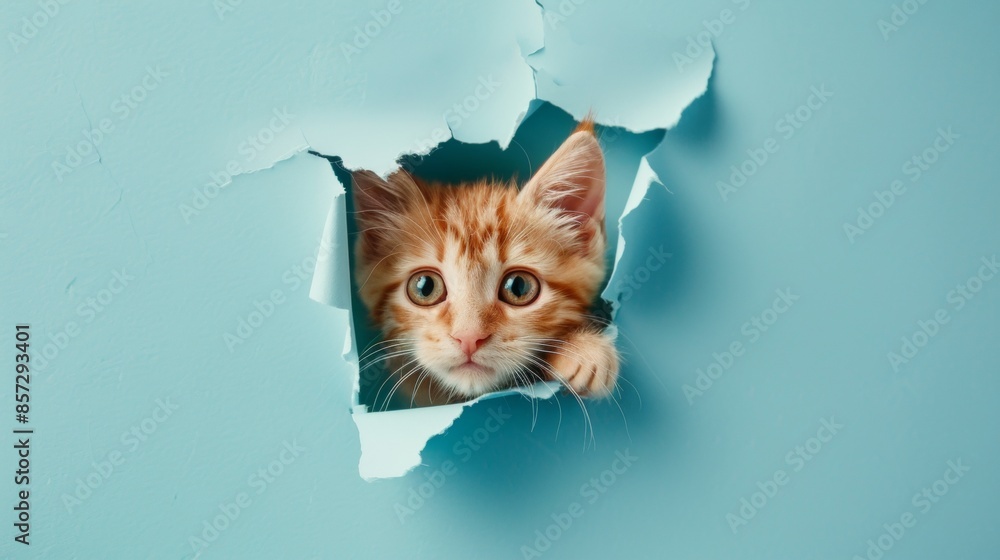 Cute baby cat peeping through a paper hole with plain background Stock ...