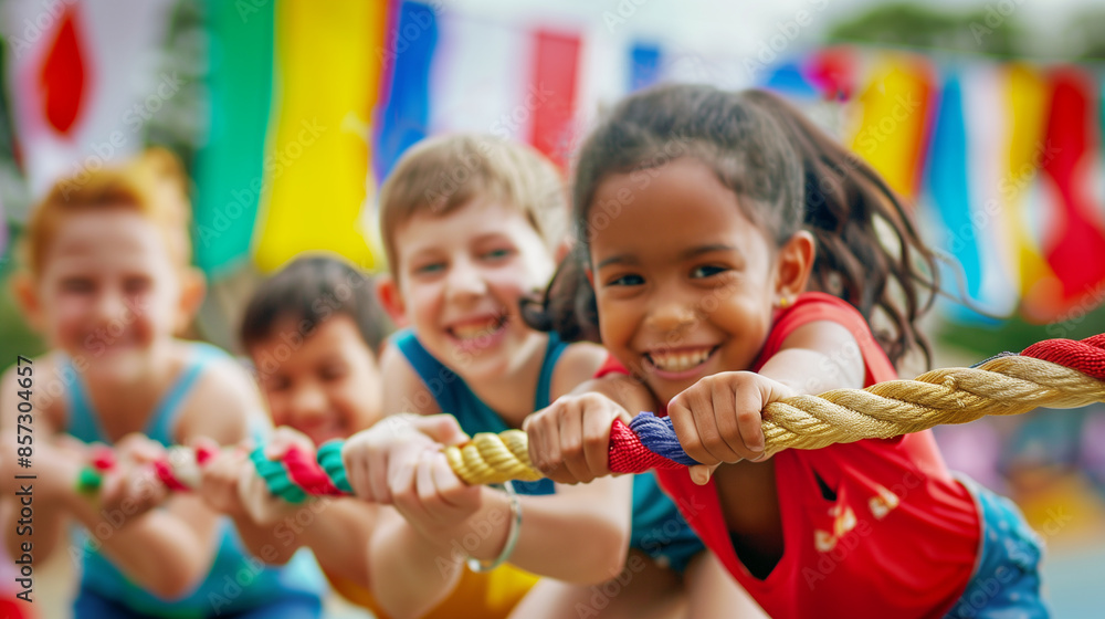 Children from different countries play tug-of-war together against a ...