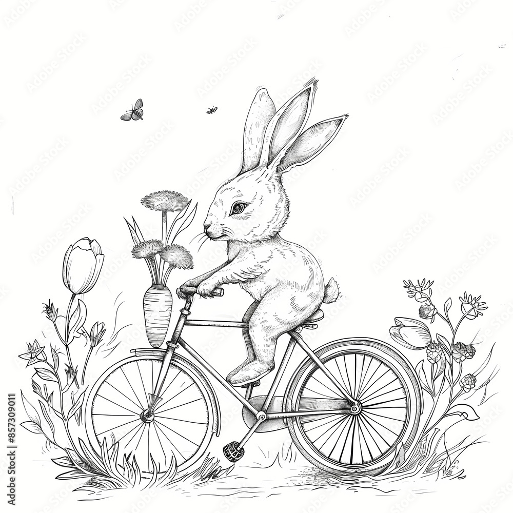 Easter bunny art with a bicycle on a garden with white background ...
