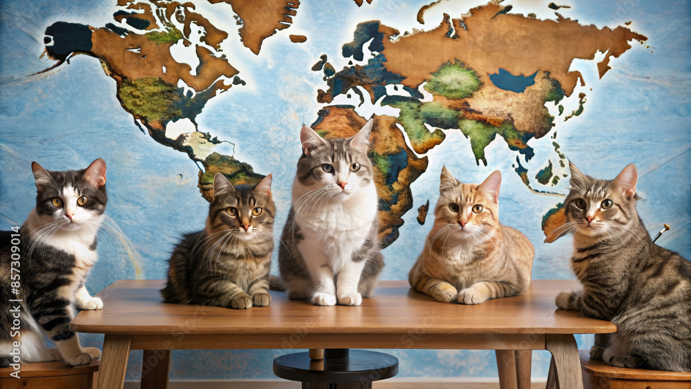 Five Cats Posing in Front of a World Map - Five adorable cats of ...
