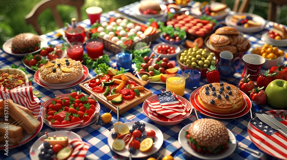 Patriotic Themed Picnic Spread with Red White and Blue Foods in ...