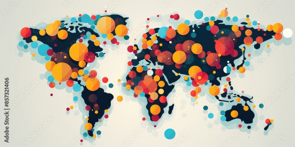 Stylized world map composed of multicolored circles on a white ...